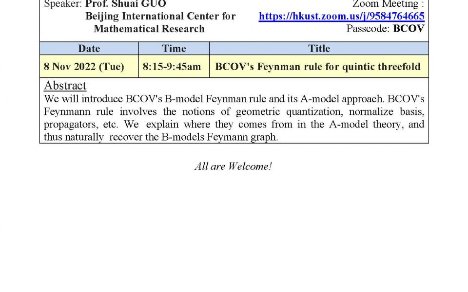 Department of Mathematics - Seminar on Pure Mathematics - BCOV's Feynman rule for quintic ...